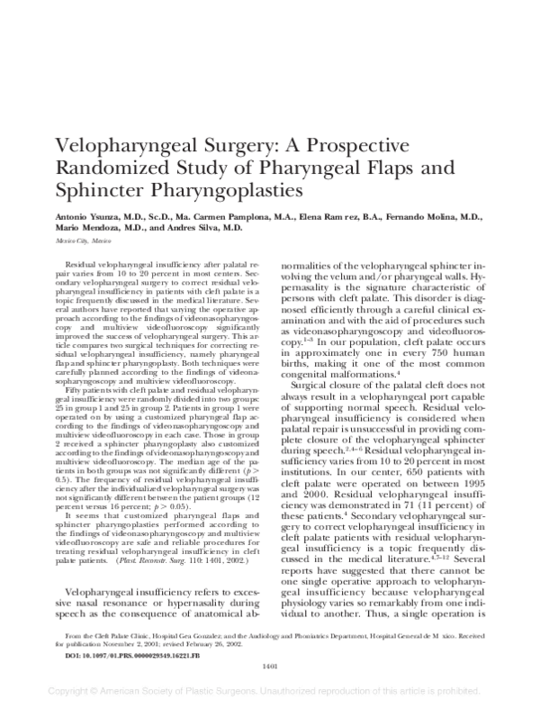 (PDF) Velopharyngeal Surgery: A Prospective Randomized Study of ...