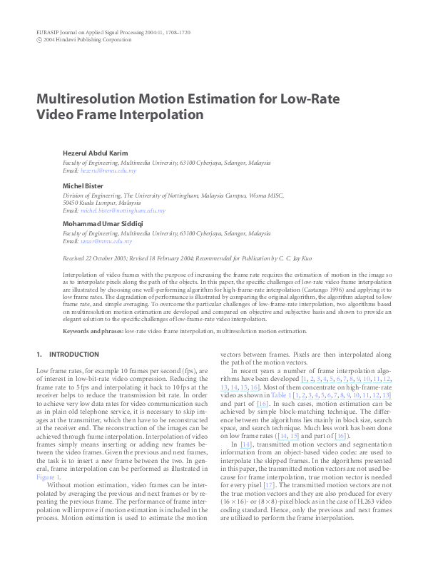 Pdf Multiresolution Motion Estimation For Low Rate Video Frame Interpolation 9391