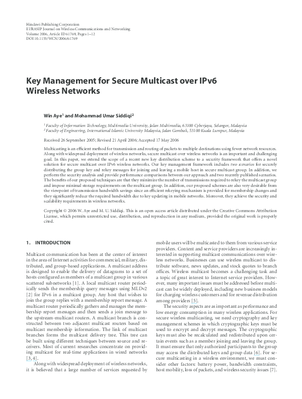 Pdf Key Management For Secure Multicast Over Ipv6 Wireless Networks Mohammad Umar Siddiqi
