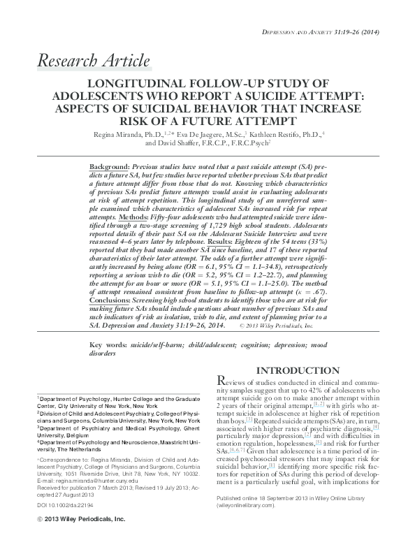 (PDF) LONGITUDINAL FOLLOW-UP STUDY OF ADOLESCENTS WHO REPORT A SUICIDE ...