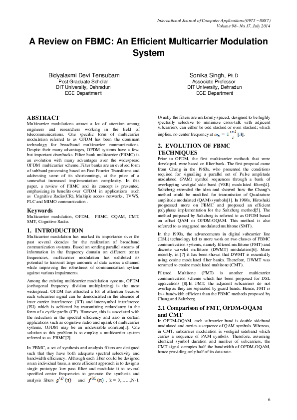 Pdf A Review On Fbmc An Efficient Multicarrier Modulation System