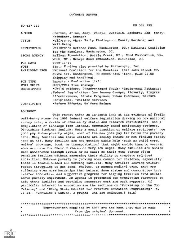 (PDF) Welfare to What: Early Findings on Family Hardship and Well-Being ...