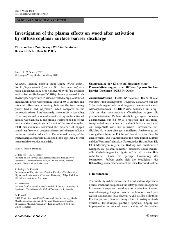 (PDF) Investigation of the plasma effects on wood after activation by diffuse coplanar surface ...