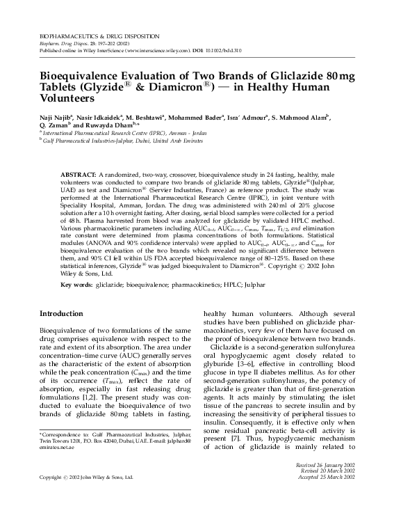(PDF) Bioequivalence evaluation of two brands of gliclazide 80 mg ...