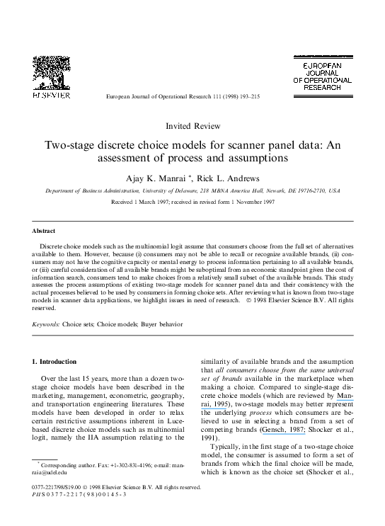(PDF) Two-stage discrete choice models for scanner panel data: An assessment of process and ...