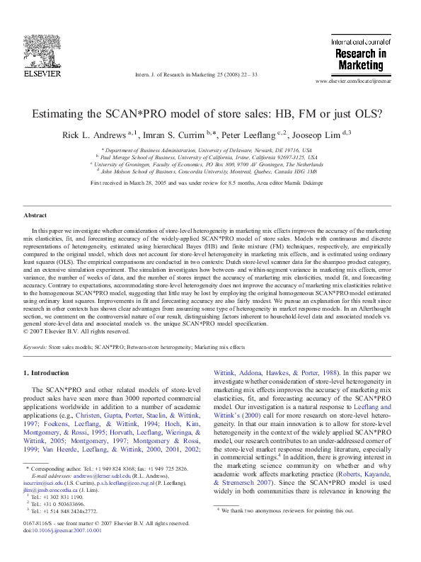 (PDF) Estimating the SCAN⁎PRO model of store sales: HB, FM or just OLS?