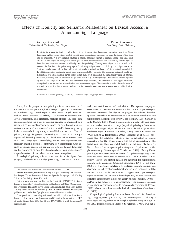 (PDF) Effects of iconicity and semantic relatedness on lexical access in american sign language ...