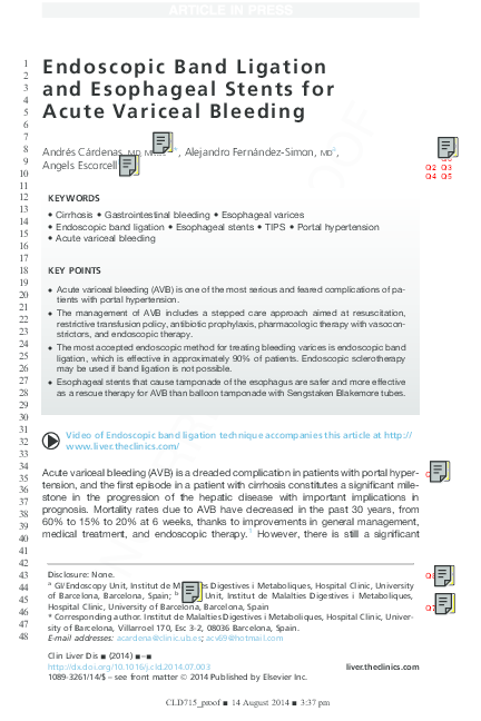 (PDF) Endoscopic Band Ligation and Esophageal Stents for Acute Variceal ...