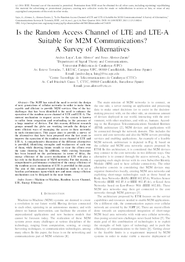 (PDF) Is the Random Access Channel of LTE and LTE-A Suitable for M2M ...