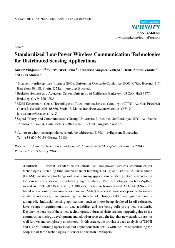 Pdf Standardized Low Power Wireless Communication Technologies For Distributed Sensing