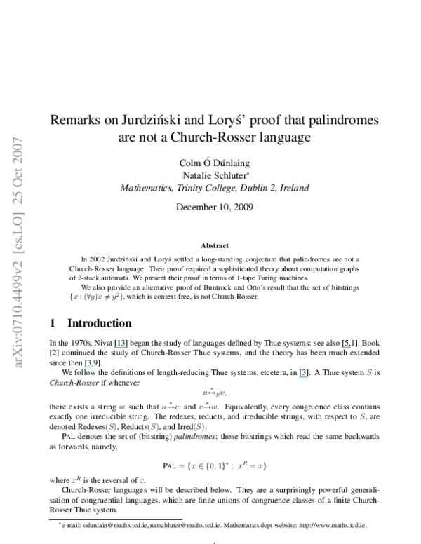 (PDF) Remarks on Jurdzinski and Lorys' proof that palindromes are not a ...