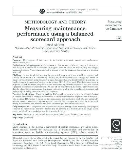 (PDF) Measuring maintenance performance using a balanced scorecard approach