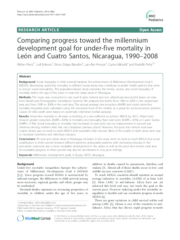 (PDF) Comparing progress toward the millennium development goal for ...
