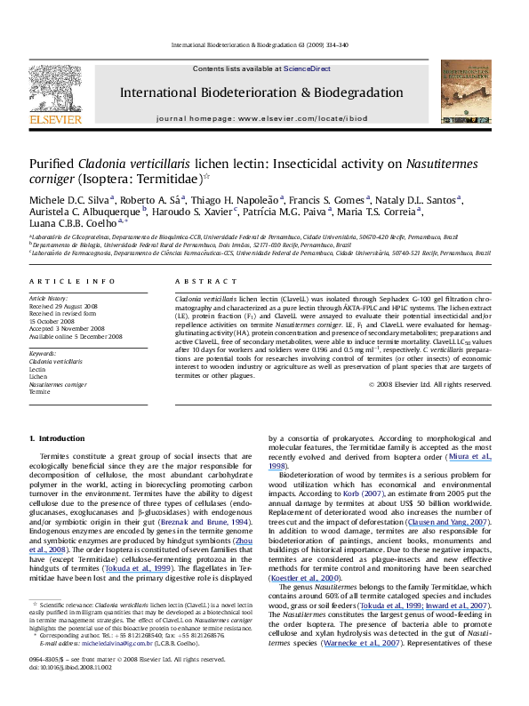 (PDF) Purified Cladonia verticillaris lichen lectin: Insecticidal ...