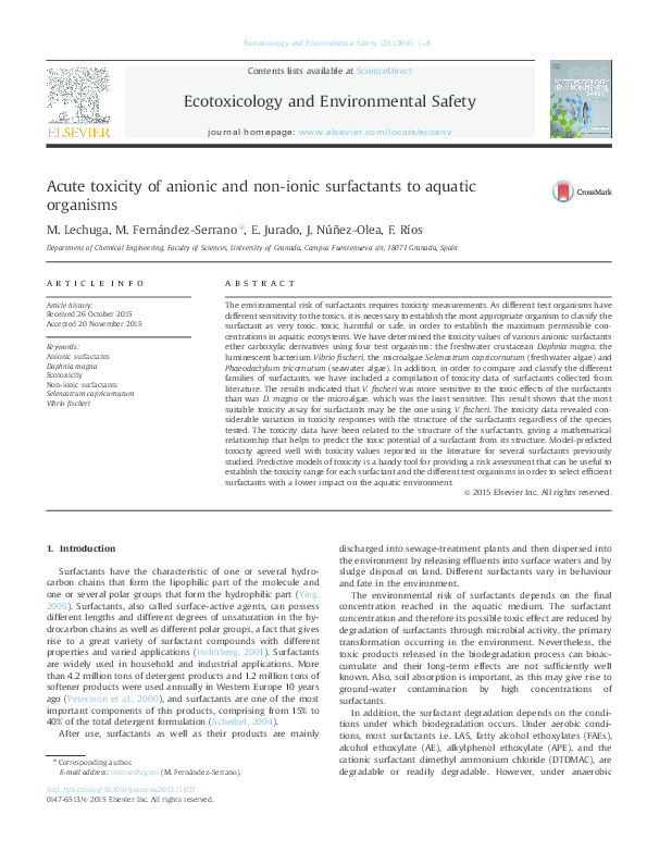 Pdf Acute Toxicity Of Anionic And Non Ionic Surfactants To Aquatic Organisms