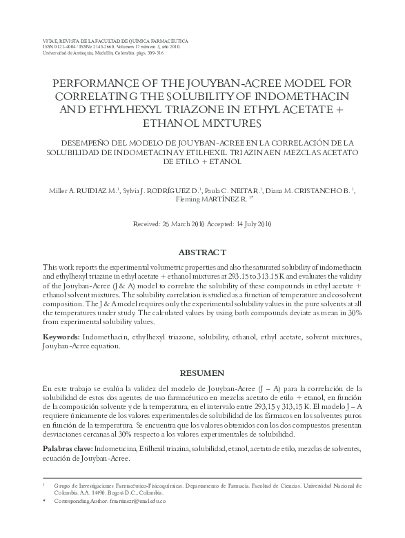 Pdf Performance Of The Jouyban Acree Model For Correlating The Solubility Of Indomethacin And