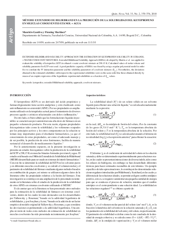 (PDF) Método extendido de Hildebrand en la predicción de la solubilidad del ketoprofeno en ...