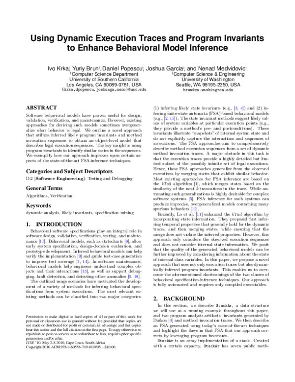 Pdf Using Dynamic Execution Traces And Program Invariants To Enhance