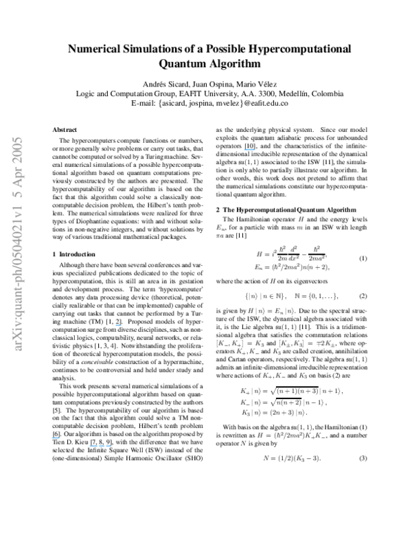 (PDF) Numerical Simulations of a Possible Hypercomputational Quantum Algorithm