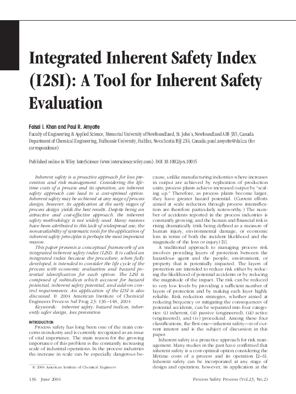 (PDF) Integrated inherent safety index (I2SI): A tool for inherent ...