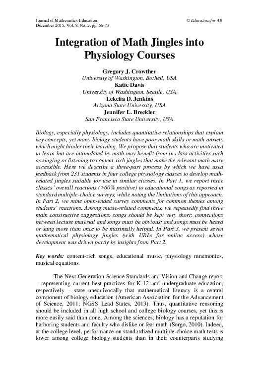 (PDF) Integration of Math Jingles into Physiology Courses