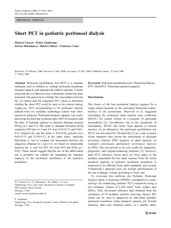 (PDF) Short PET in pediatric peritoneal dialysis