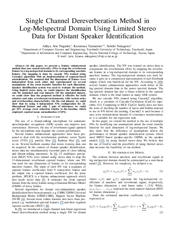(PDF) Single channel dereverberation method in log-melspectral domain using limited stereo data ...