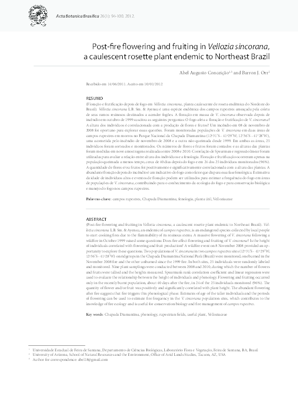 (PDF) Post-fire flowering and fruiting in Vellozia sincorana, a ...