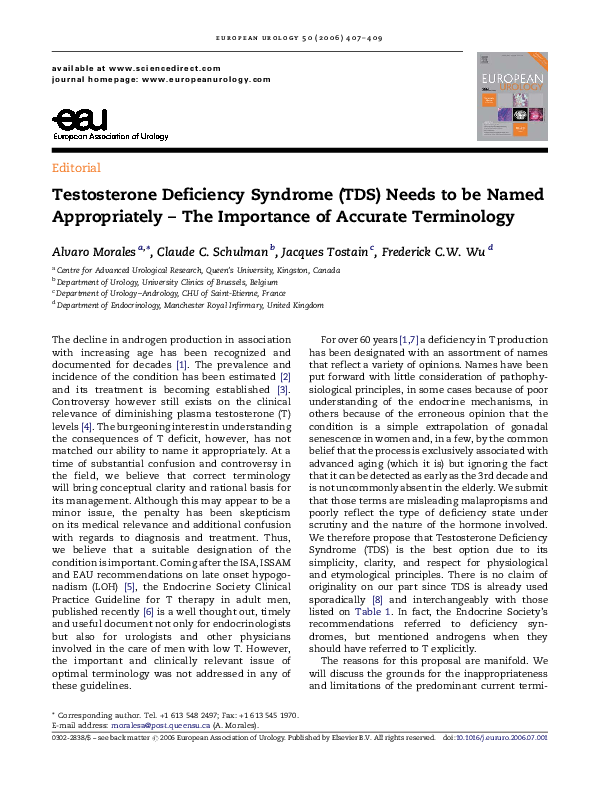 (PDF) Testosterone Deficiency Syndrome (TDS) Needs to be Named ...
