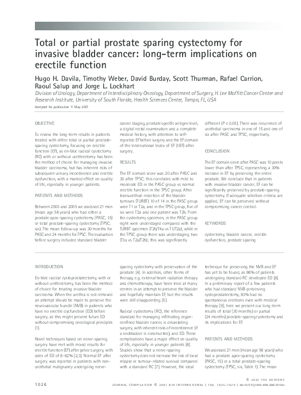 (PDF) Total or partial prostate sparing cystectomy for invasive bladder ...