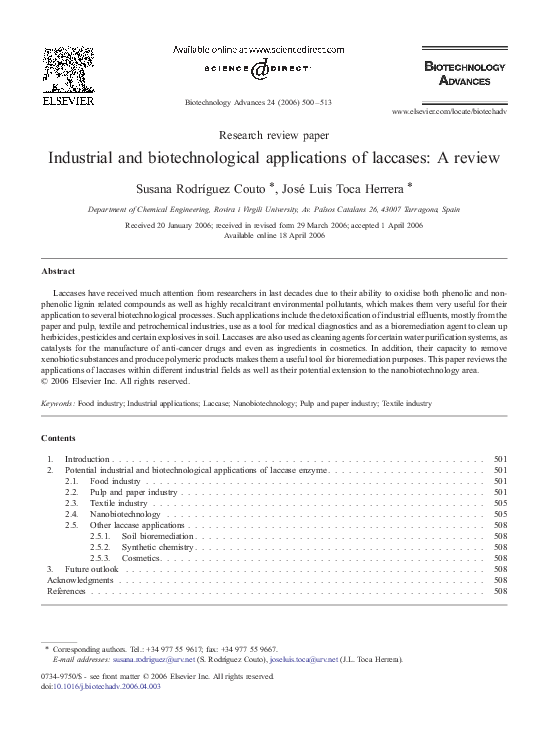 (PDF) Industrial and biotechnological applications of laccases: A review