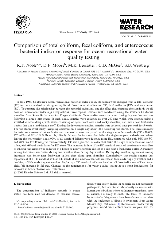 (PDF) Comparison of total coliform, fecal coliform, and enterococcus ...