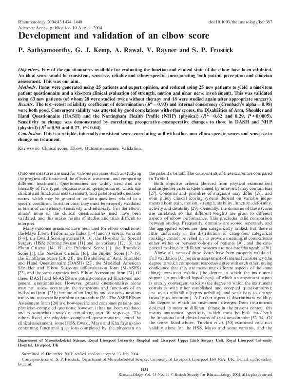 (PDF) Development and validation of an elbow score