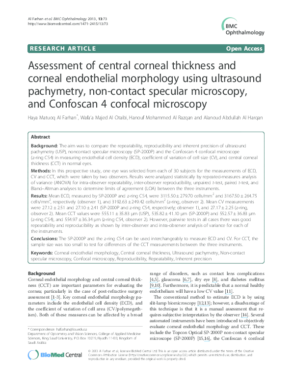 (PDF) Assessment of central corneal thickness and corneal endothelial ...