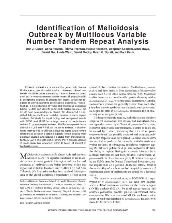 (PDF) Identification of Melioidosis Outbreak by Multilocus Variable Number Tandem Repeat Analysis