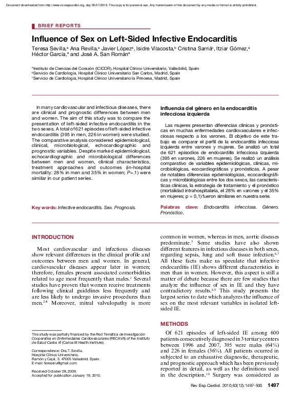 Pdf Influence Of Sex On Left Sided Infective Endocarditis