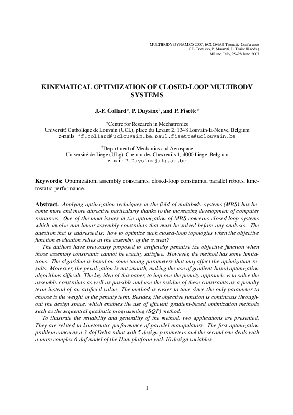 (PDF) Kinematical Optimization of Closed-Loop Multibody Systems