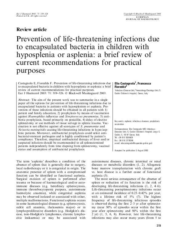 (PDF) Prevention of life-threatening infections due to encapsulated ...
