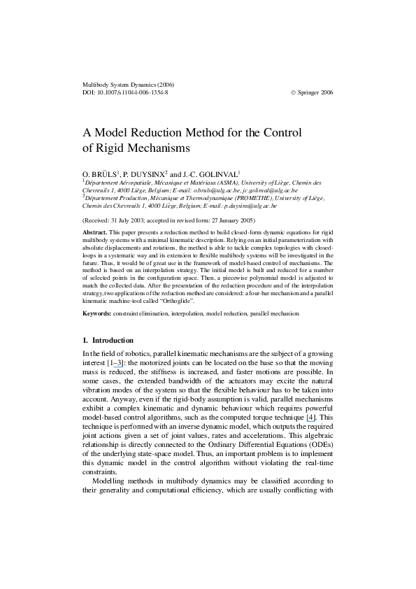 (PDF) A Model Reduction Method for the Control of Rigid Mechanisms