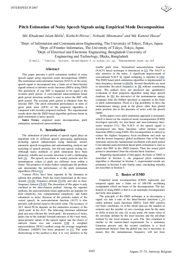 (PDF) Pitch estimation of noisy speech signals using EMD-fourier based hybrid algorithm