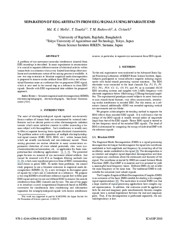 (PDF) Separation of EOG artifacts from eeg signals using bivariate emd | Khademul Molla ...