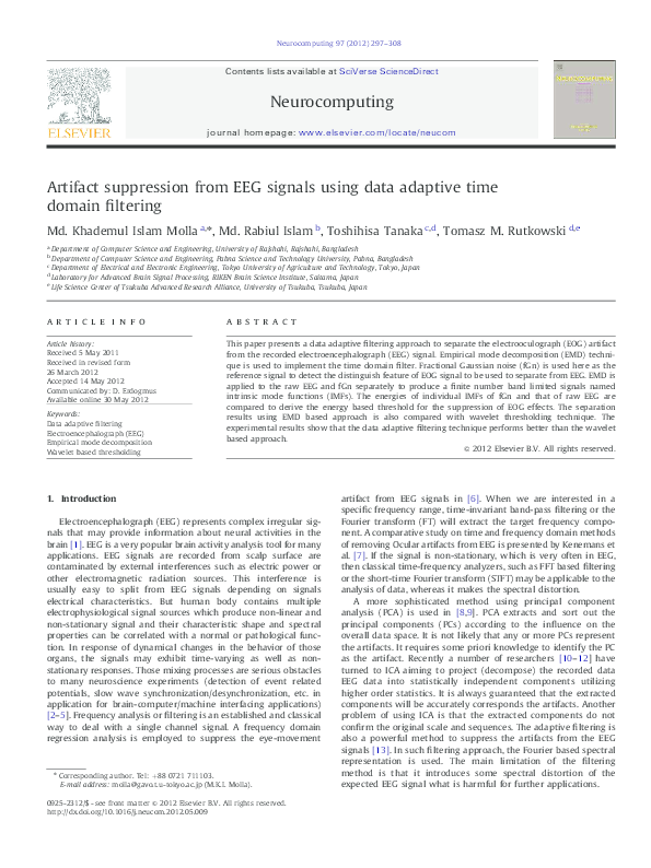 (PDF) Artifact suppression from EEG signals using data adaptive time domain filtering