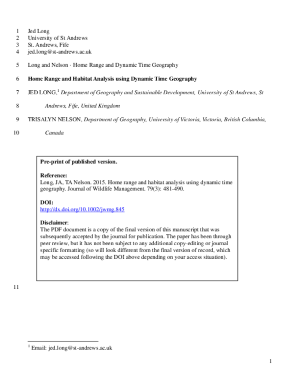 (PDF) Home range and habitat analysis using dynamic time geography