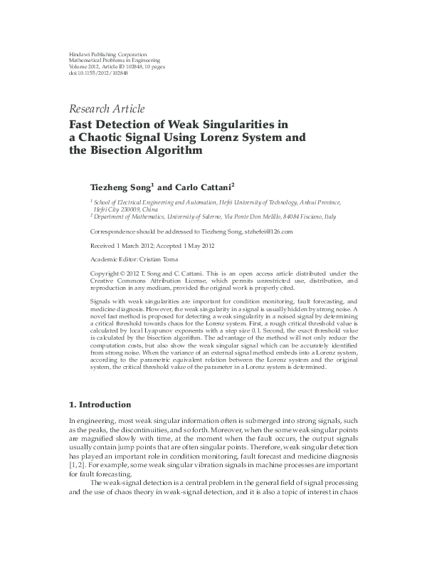 Pdf Fast Detection Of Weak Singularities In A Chaotic Signal Using Lorenz System And The