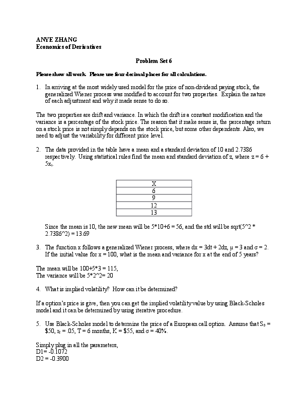 (DOC) ANYE ZHANG Economics of Derivatives Problem Set 6
