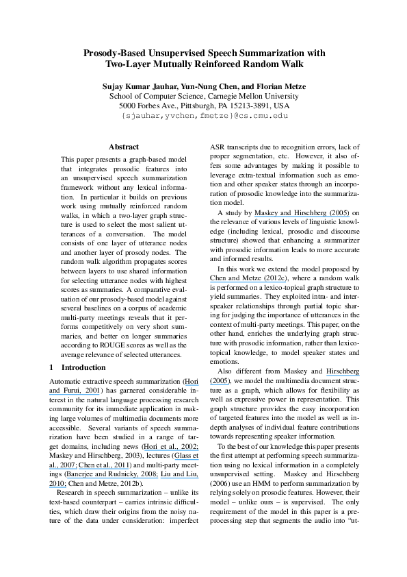 (PDF) Prosody-Based Unsupervised Speech Summarization with Two-Layer Mutually Reinforced Random Walk