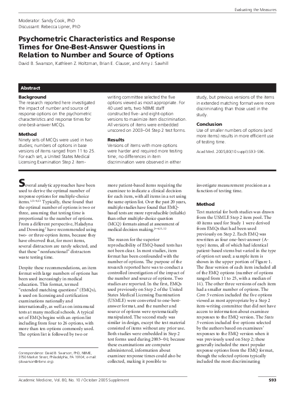 (PDF) Psychometric Characteristics and Response Times for One-Best ...