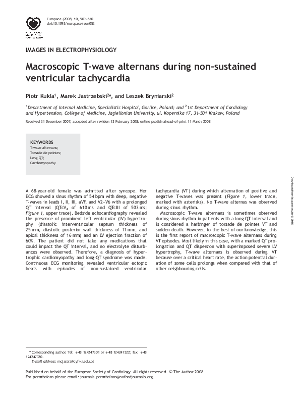 (PDF) Macroscopic T-wave alternans during non-sustained ventricular tachycardia