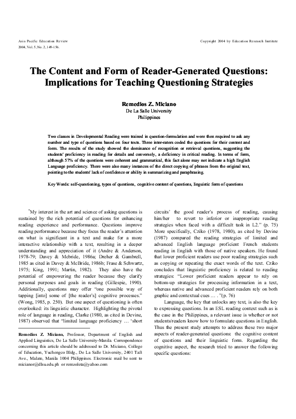 (PDF) The content and form of reader-generated questions: implications ...
