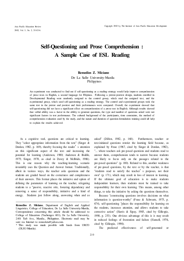 (PDF) Self-questioning and prose comprehension : A sample case of ESL ...